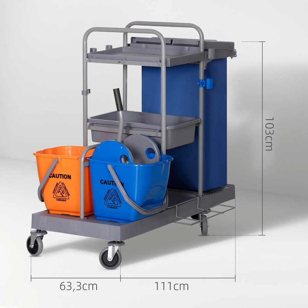HOMCOM Úklidový vozík se sáčkem na odpadky, servisní vozík s 18L mopovými kybly, lisem a policemi pro hotely 111x63.3x103 cm Vícebarevný