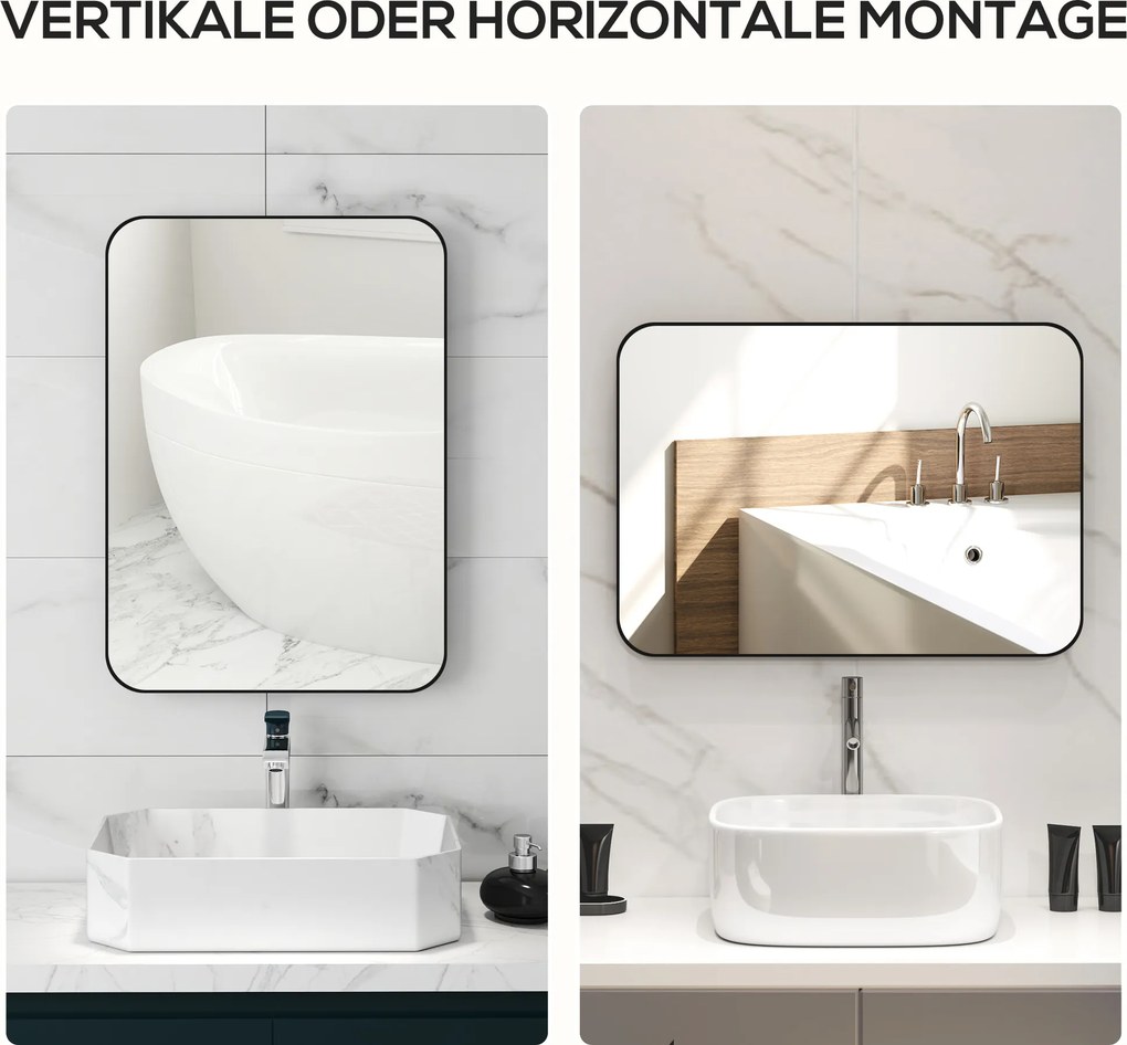 HOMCOM Koupelnové zrcadlo, nástěnné zrcadlo s fólií proti střepům, kovový rám, koupelna, 50 x 70 cm, černá