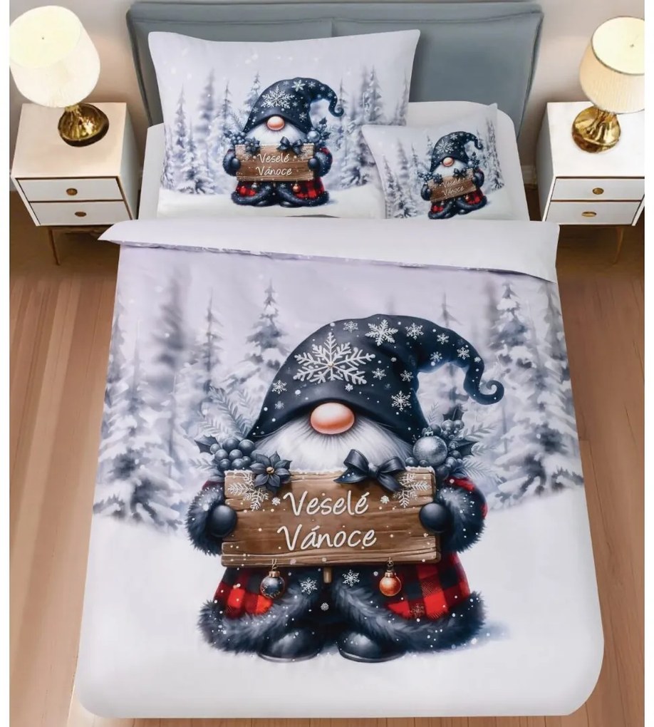 3 dílné povlečení Polycotton Vánoční Gnome černý 200x140cm+90x70cm TiaHome