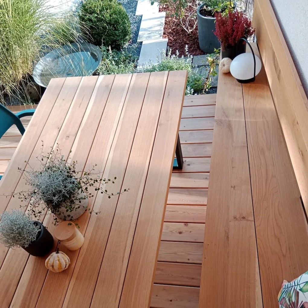 KULHÁNEK Zahradní stůl - kombinace dřeva a oceli Odstín nátěru: individuální, Velikost desky: 150x80 cm, Odstín podnože: černá - RAL 9005