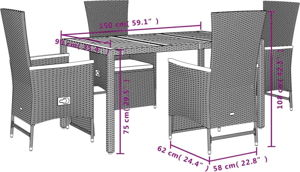 5dílný zahradní jídelní set s poduškami černý polyratan 3277510
