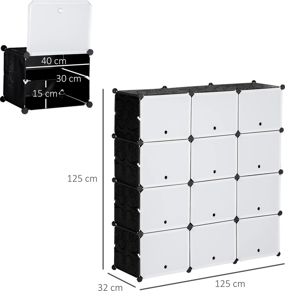 HOMCOM Botník Úložný box s 12 kostkami DIY zásuvný regál s dvířky Plastová ocel Černá+bílá 125 x 32 x 125 cm | Aosom