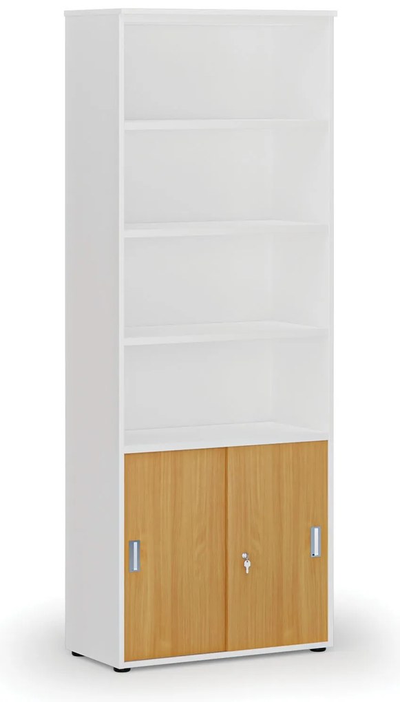 Kombinovaná kancelářská skříň PRIMO WHITE, zasouvací dveře na 2 patra, 800 x 420 x 2128 mm, bílá/buk