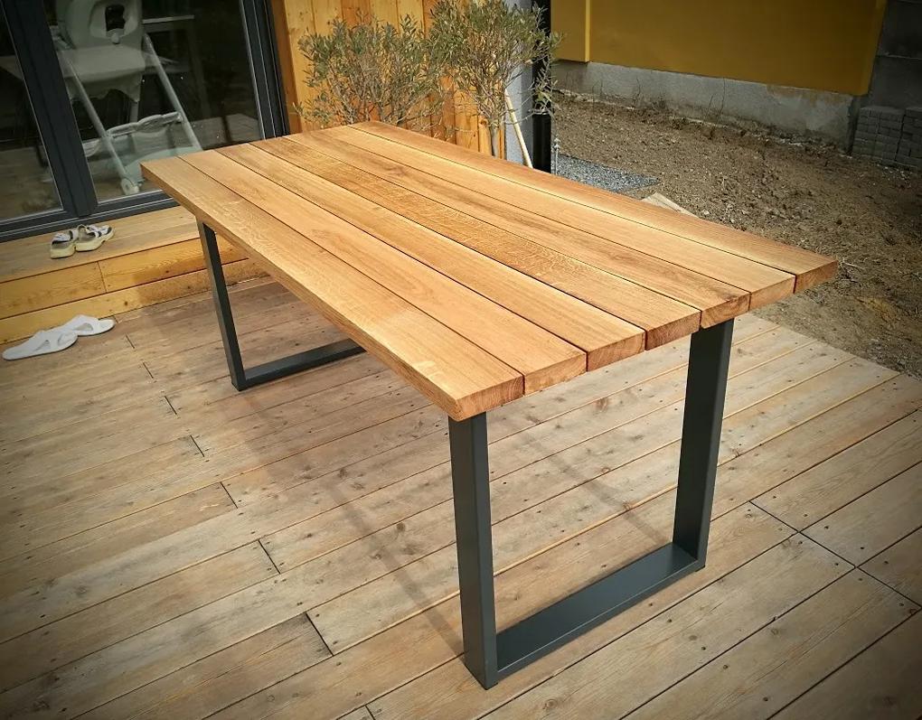KULHÁNEK Zahradní stůl - kombinace dřeva a oceli Odstín nátěru: individuální, Velikost desky: 160x80 cm, Odstín podnože: černá s jemnou strukturou - JS RAL 9005