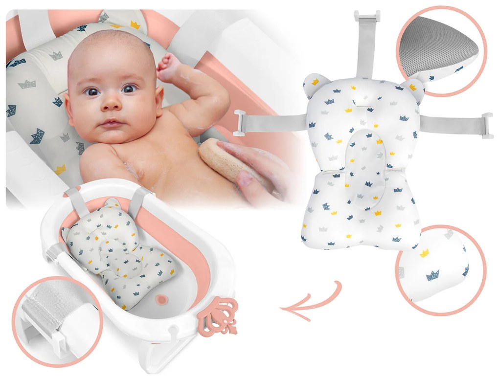 Skládací vanička pro děti a kojence s anatomickou vložkou Ricokids RK-286 v bílé a růžové barvě