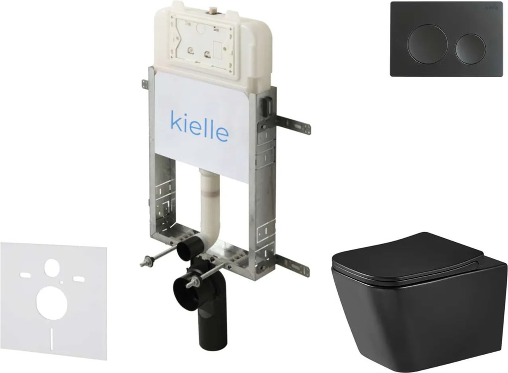 kielle Genesis New - Set předstěnové instalace, klozetu Arkas I, Vortex Rimless+, sedátka softclose a tlačítka Gemini New I, matná černá 30528SZ94