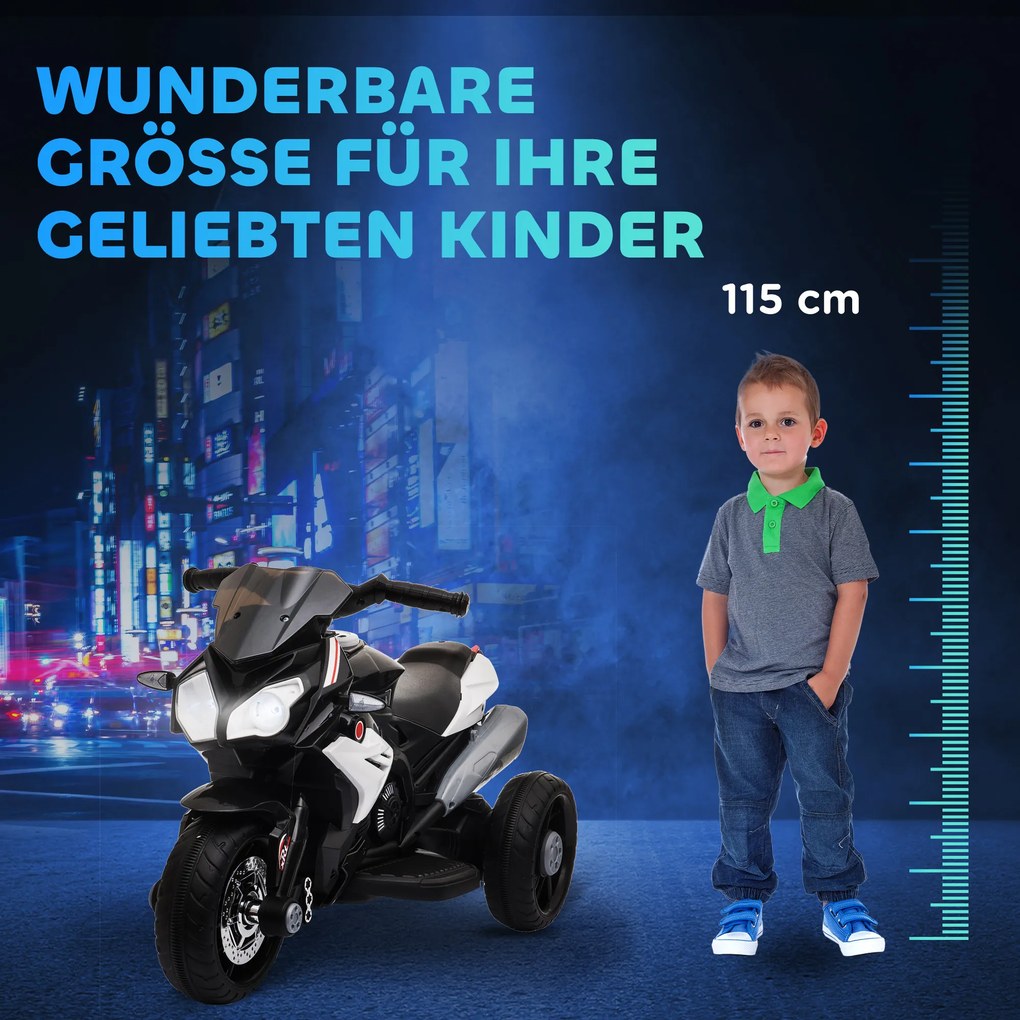 HOMCOM Dětská elektrická tříkolka Trimoto pro děti od 3 let s dobíjecí 6V baterií, hudebním klaksonem a světlomety 86x42x52 cm Černobílá