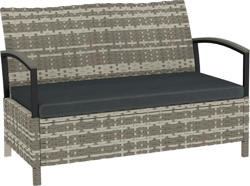 Outsunny dvoumístná zahradní úložná lavice s polstrem a úchyty — 125 l venkovní box, poly ratan, tmavě šedá (123 x 70 x 82 cm) | Aosom