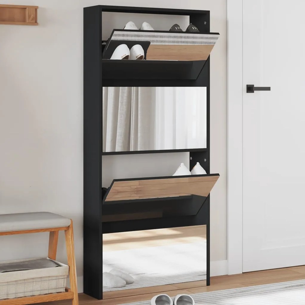 Botník se zrcadlem 4patrový černý 63 x 17 x 134 cm 3228274