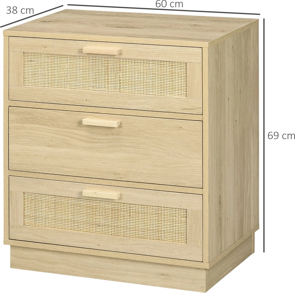 HOMCOM Noční stolek s 3 zásuvkami z ratanového pletiva, dřevěný komoda pro ložnici, obývací pokoj, bohémský styl 60x38x69 cm