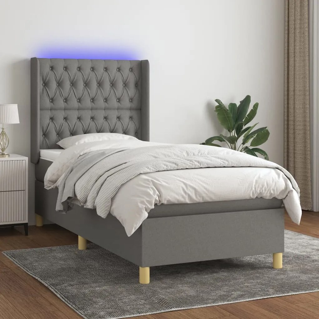 Box spring postel s matrací a LED tmavě šedá 100x200 cm textil 3139094