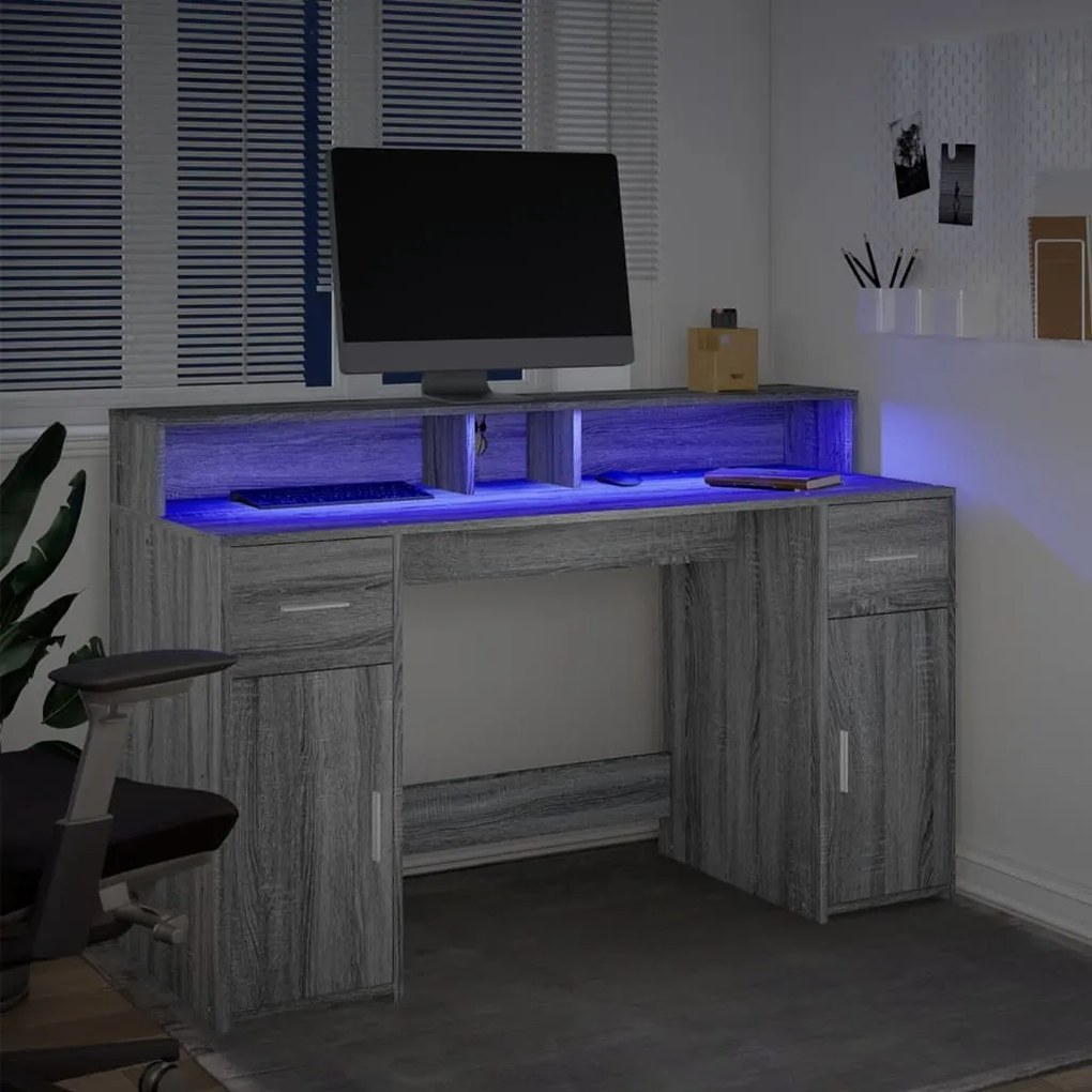 Psací stůl s LED šedý sonoma 140 x 55 x 91 cm kompozitní dřevo 3309425