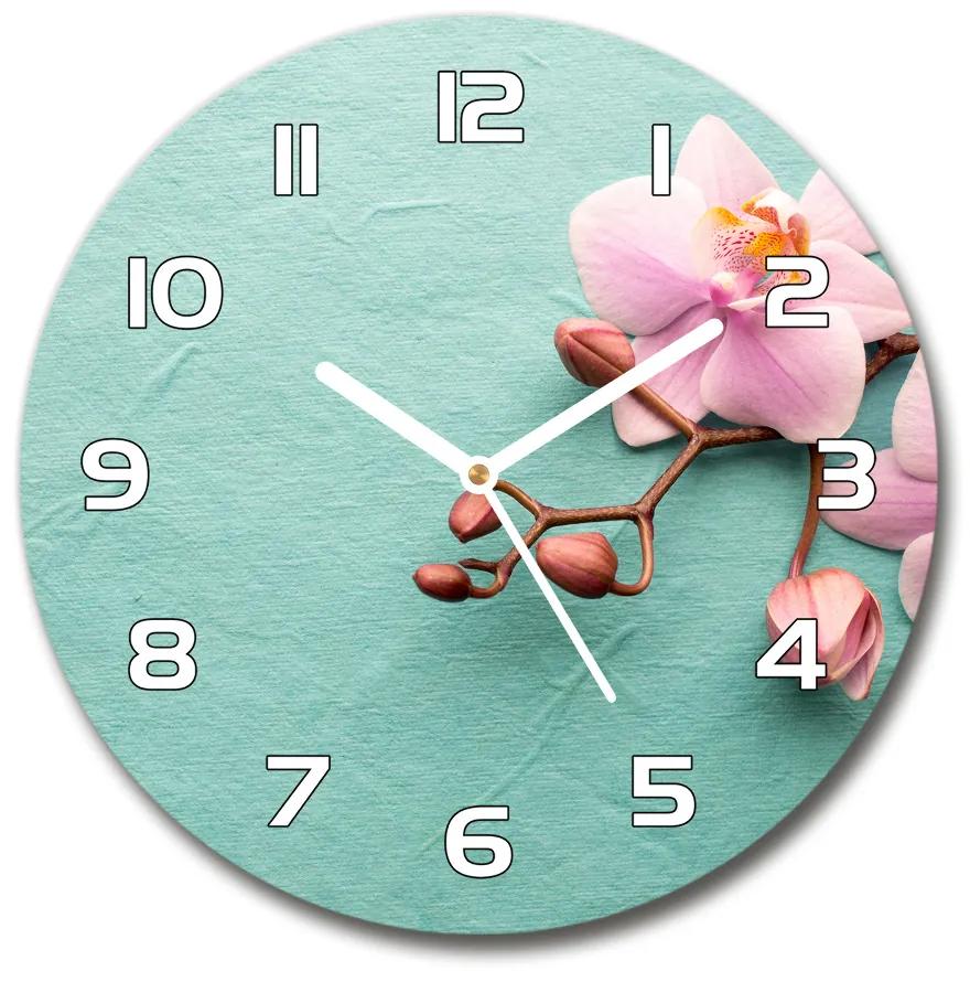 Wallmuralia Skleněné nástěnné hodiny kulaté Orchidej fi 30 cm