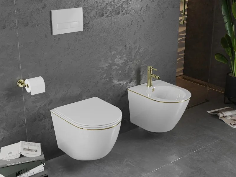 Mexen Lena wc mísa Rimless s pomalu klesající slim deskou, duroplast, bílá/zlatá linie - 30224005