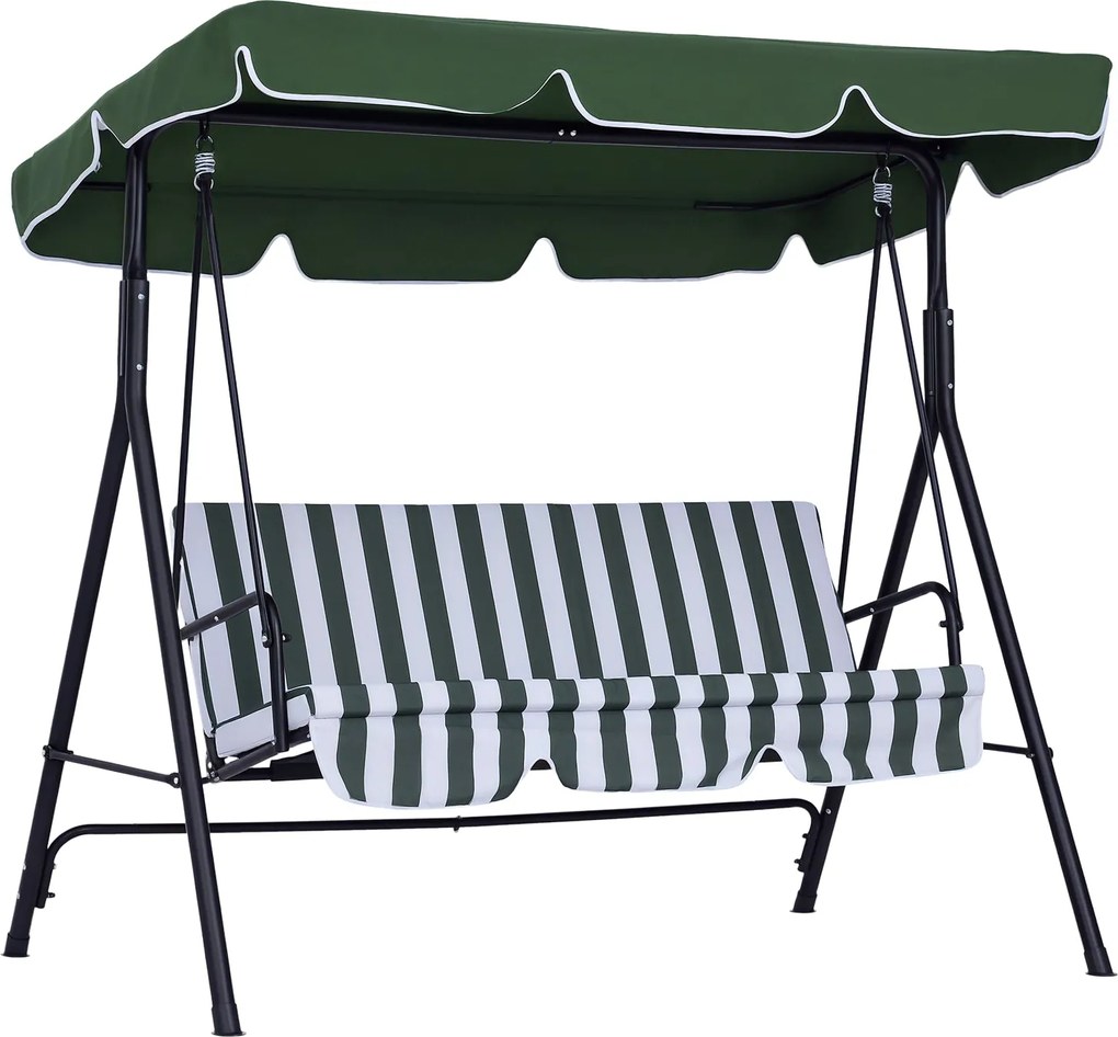 Outsunny 3-místná zahradní houpačka s nastavitelnou markýzou a ocelovou konstrukcí pro balkon, terasu, patio, nosnost 200 kg, 172x110x153 cm, zelená |