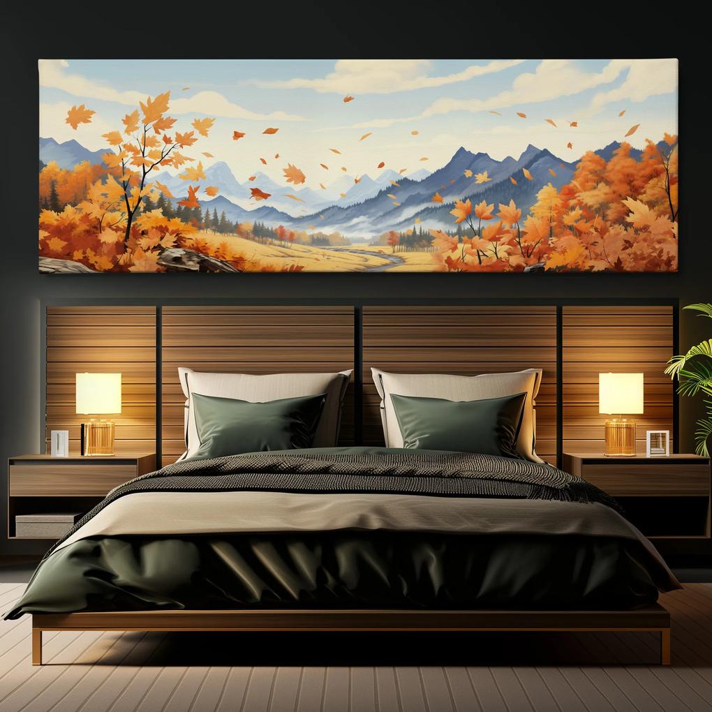 Obraz na plátně - Podzim s padajícím javorovým listím FeelHappy.cz Velikost obrazu: 150 x 50 cm