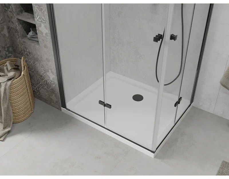 Mexen Lima Duo, sprchový kout s 2-křídlými skládacími dveřmi 90 (dveře) x 80 (dveře) cm, 6mm čiré sklo, černý profil + slim sprchová vanička 5cm bílá s černým sifonem, 856-090-080-70-02
