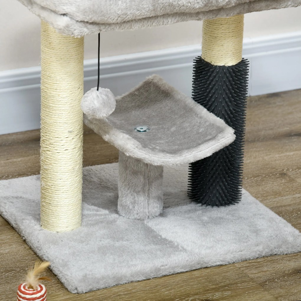 PawHut Škrábací strom pro kočky 48 cm s 2 škrabacími sloupy, platformou, U-tvarovaným lůžkem a zavěšeným míčkem
