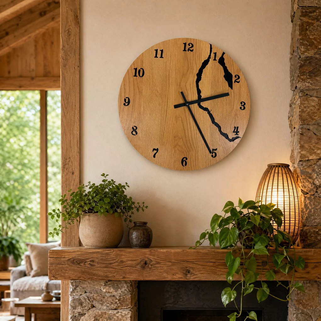 dřevo života Nástěnné hodiny ŘEKA Zvolte barvu dekoru: Ořech-Dub zlatý, Zvolte velikost hodin (cm): 50x50, Barva ručiček: Zlaté