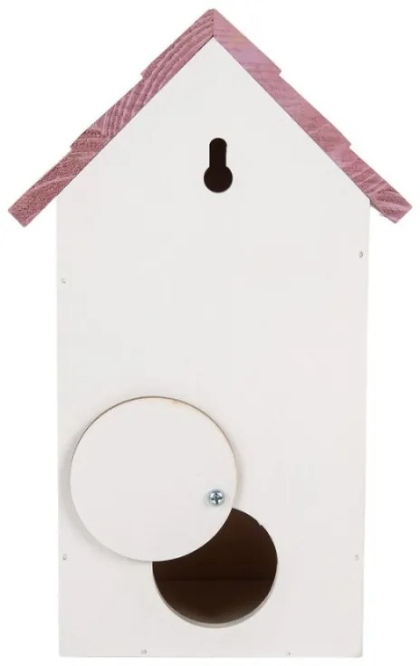 Bílo-růžová dřevěná budka pro ptáčky s květy a motýly – 15x10x22 cm