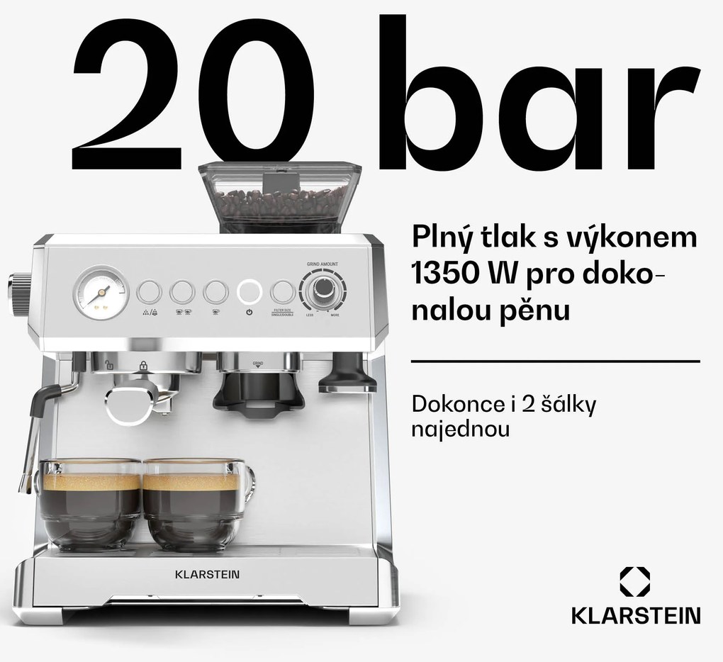 Klarstein GrandPresso pákový kávovar, precizní mlýnek, parní tryska, portafiltr, indikátor tlaku, 20 bar