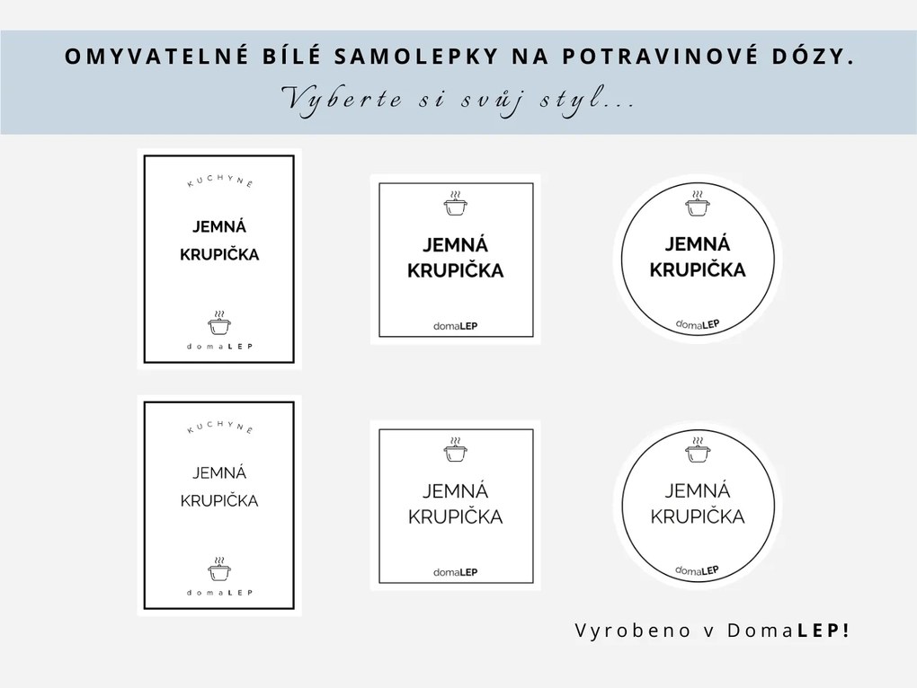 JEMNÁ KRUPIČKA - omyvatelná samolepka na dózu, výběr rozměrů Ø 5 cm / 5 x 5 cm / 6 x 8 cm | DomaLEP tvar: ČTVEREC, barva: BÍLÁ - ČERNÉ písmo, velikost: š. 5 cm x v. 5 cm - tučné písmo