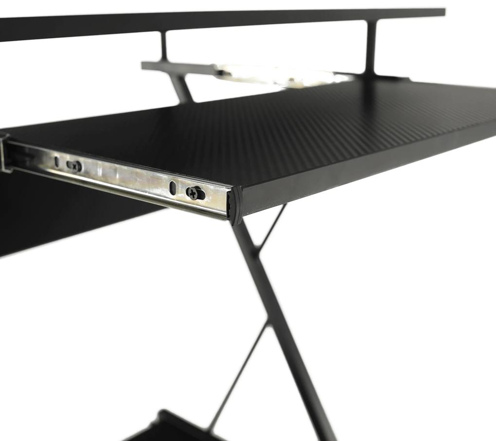 Pojízdný PC herní stůl TARAK na kolečkách, lamino černá fólie, kov černý lak