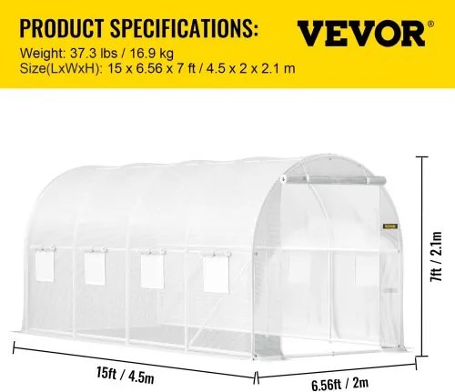 Walk-in tunelový skleník, 4,57 × 1,98 × 2,13 m
