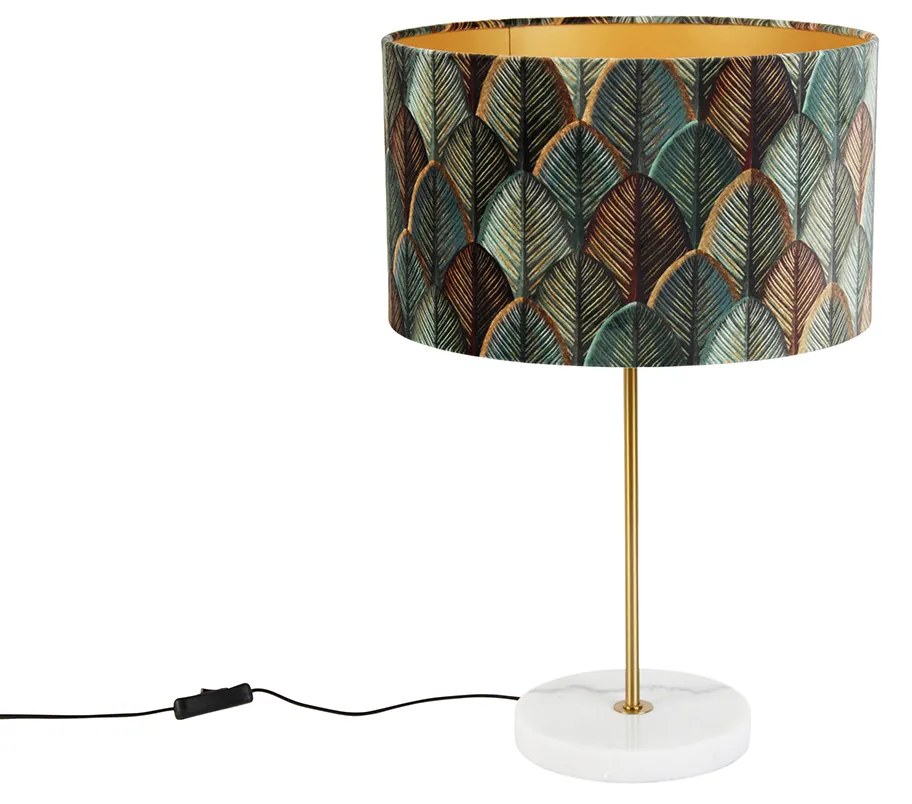 Stolní lampa z mosazi s sametovým stínidlem s designem listů a zlatým vnitřkem - Kaso Biano.cz