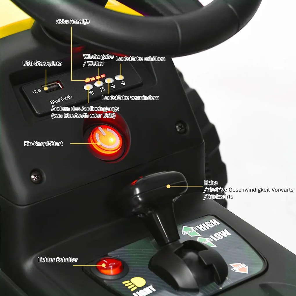 Costway Dětský traktor 12 V s přívěsem na baterie elektrické autíčko žluté, žluť