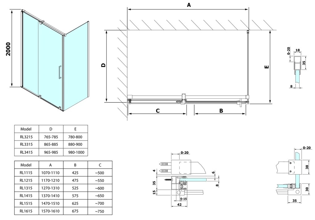 Polysan ROLLS LINE boční stěna 1000mm, výška 2000mm, čiré sklo RL3415