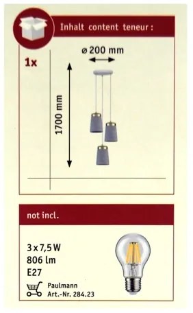 Paulmann 79627 - Lustr na lanku NORELL 3xE27/20W/230V beton