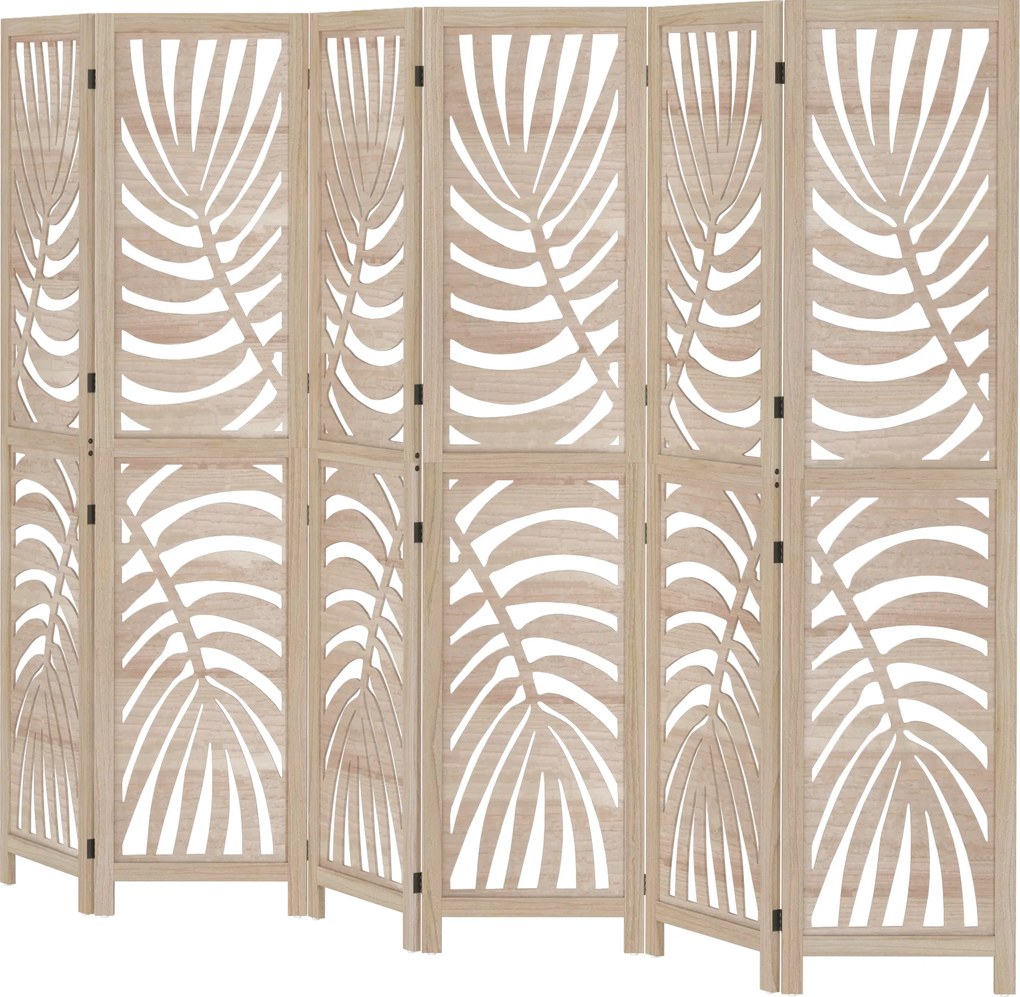 HOMCOM Paraván do interiéru ze dřeva 6 panelů 240 x 170 cm, skládací a přenosný, motiv listů, odnímatelný design, přírodní dřevo