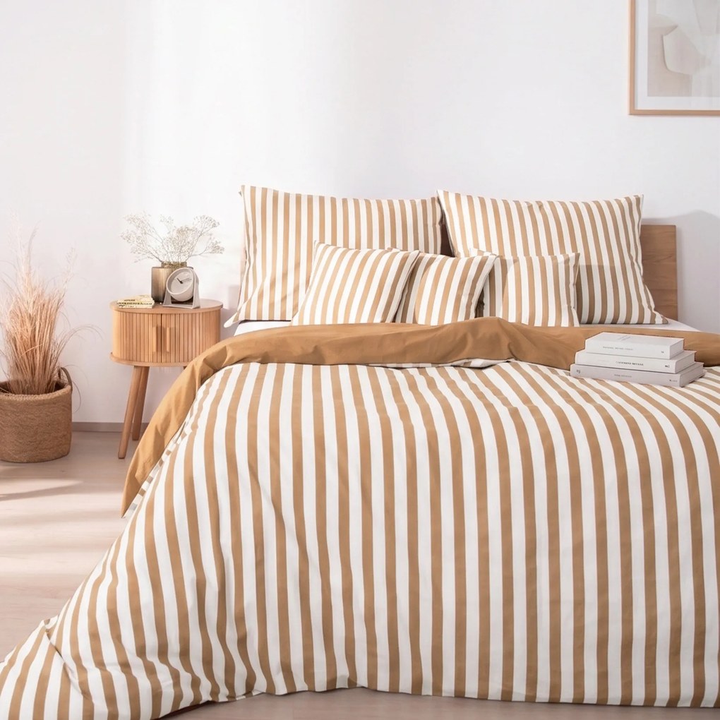 Goldea bavlněné povlečení duo - proužky s podzimní hnědou 240 x 220 a 2ks 70 x 90 cm