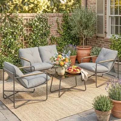 Outsunny zahradní set pro 4 osoby s tlustými polštáři, kovový lounge, světle šedá