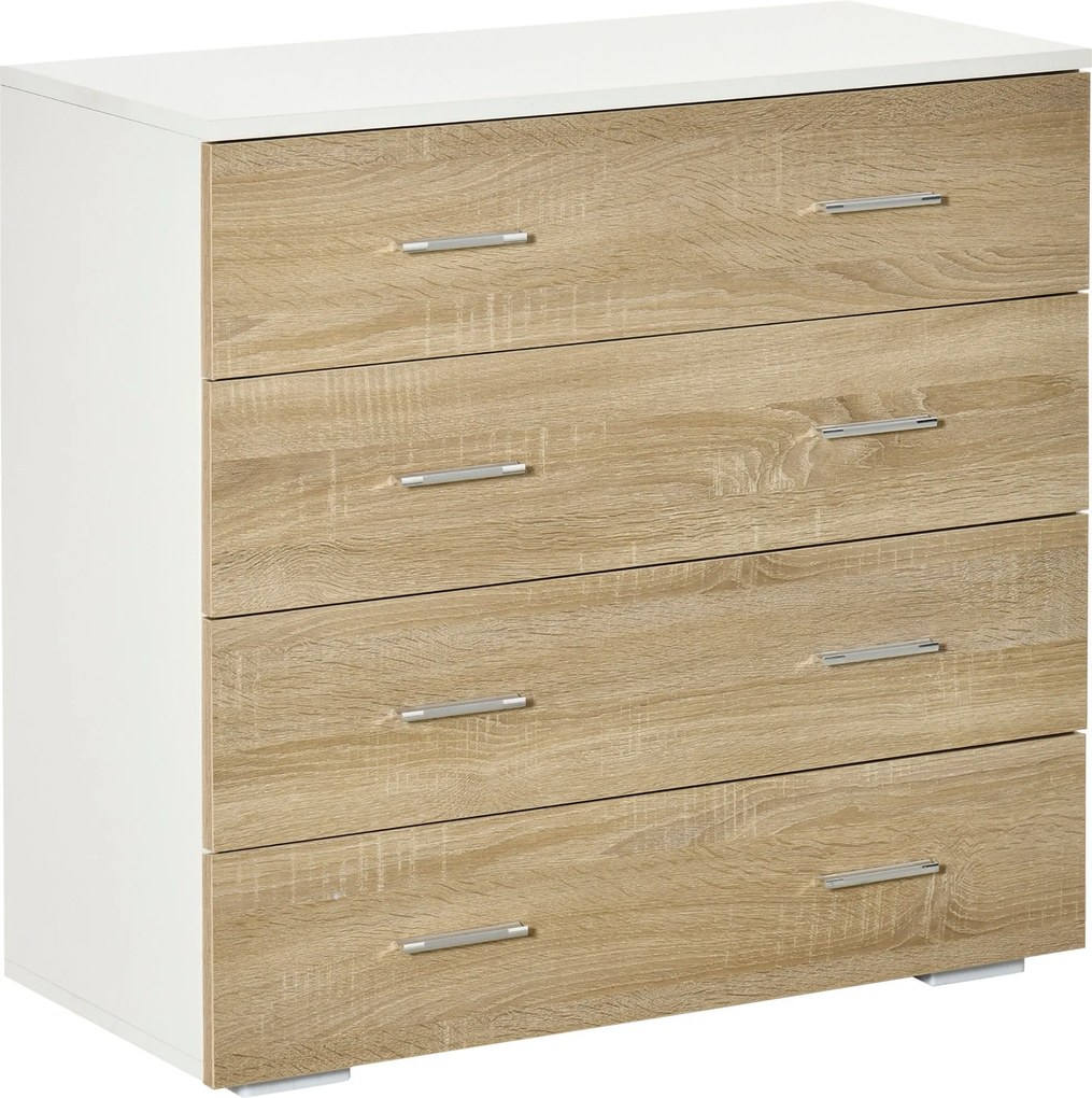 HOMCOM Komoda se 4 šuplíky - Moderní pomocný úložný kabinet do ložnice, chodby nebo obývacího pokoje, 76x35x72 cm, dub a bílá | Aosom