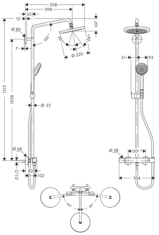 Hansgrohe Croma, Showerpipe 220 1jet s termostatem, chromová, HAN-27185000