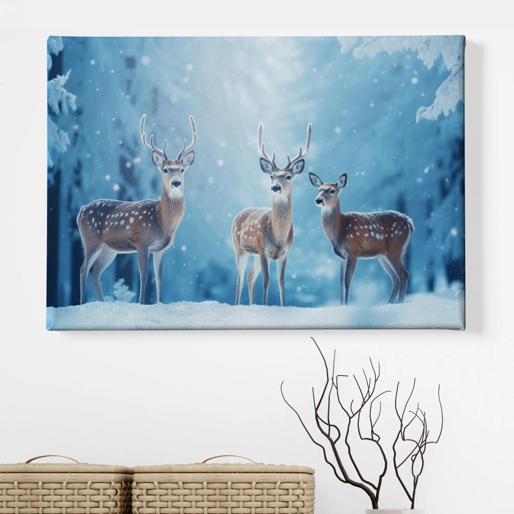 Obraz na plátně - Mladí jelínci s laní v zimní krajině FeelHappy.cz Velikost obrazu: 120 x 80 cm
