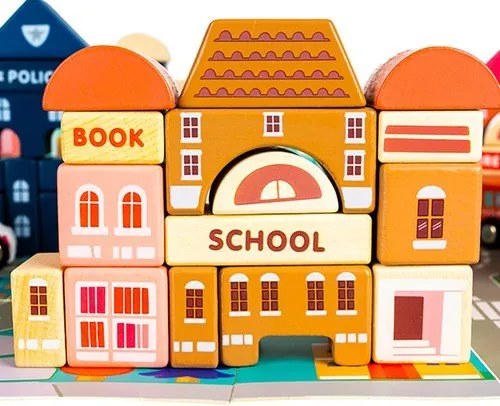 Montessori dřevěné kostky Kruzzel 23519 s podložkou veselé město 115 ks