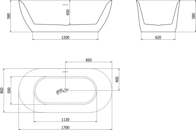 Mexen Roxy, volně stojící vana 170 x 80 cm, bílá-černá, broušený grafit přepad, 51201708075-95