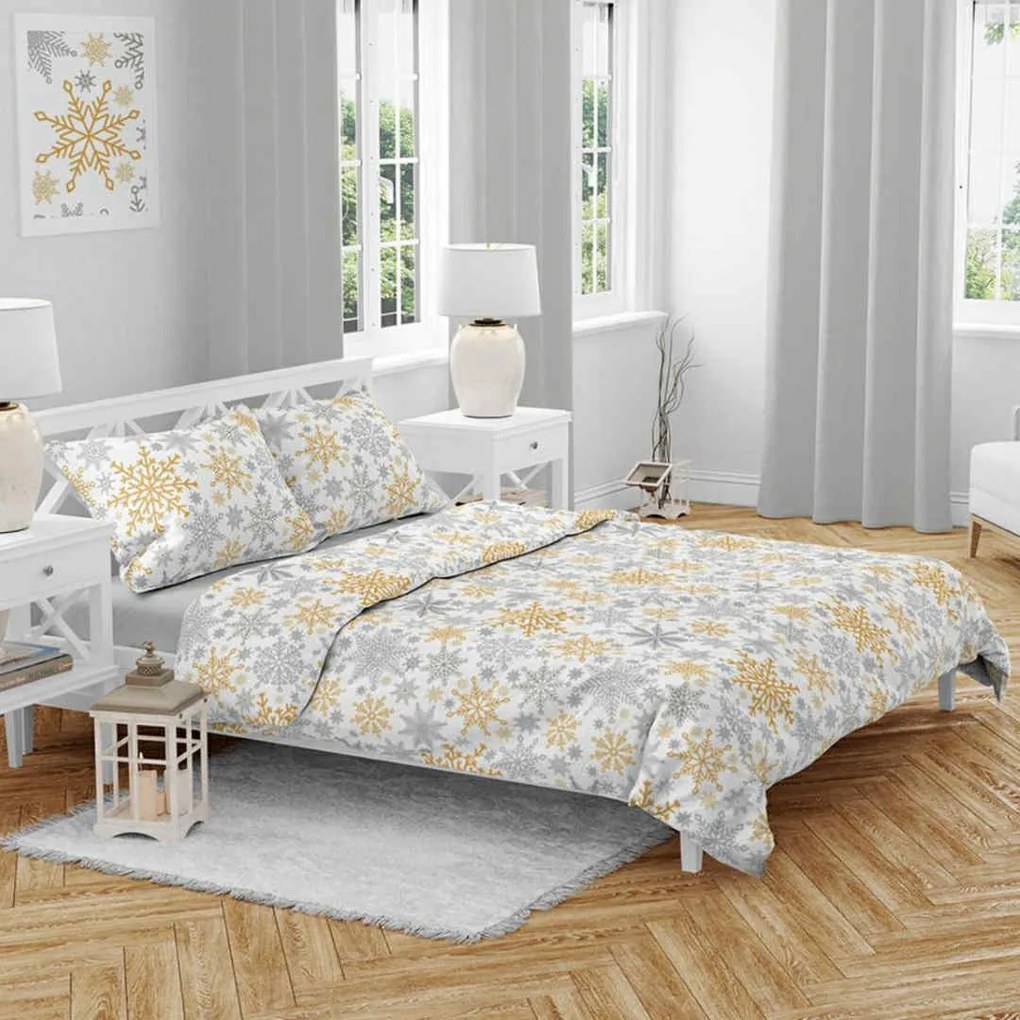 Vánoční bavlněné povlečení Vločka zlatá TiaHome - 1x Polštář 90x70cm, 1x Přikrývka 140x200cm