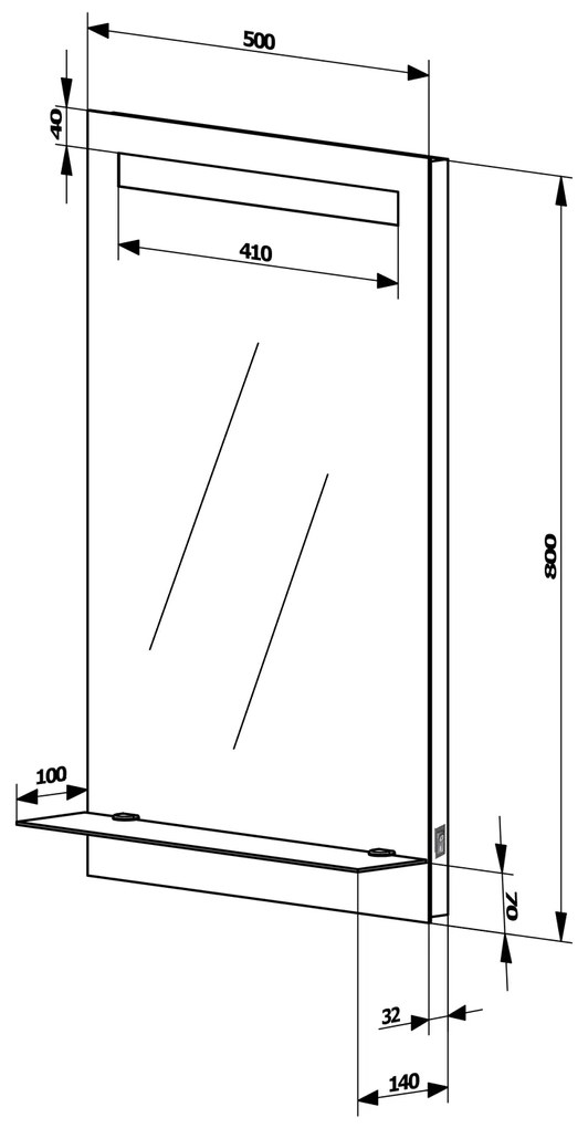 Aqualine, LED podsvícené zrcadlo 50x80cm, skleněná police, knoflíkový vypínač, ATH52