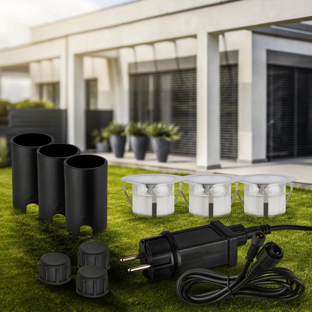 BRI 3916032 CONNECT TO SHINE startovací sada 12V zahradní osvětlení - trafo, 3x LED svítidlo do země, IP67, stříbrná - BRILONER