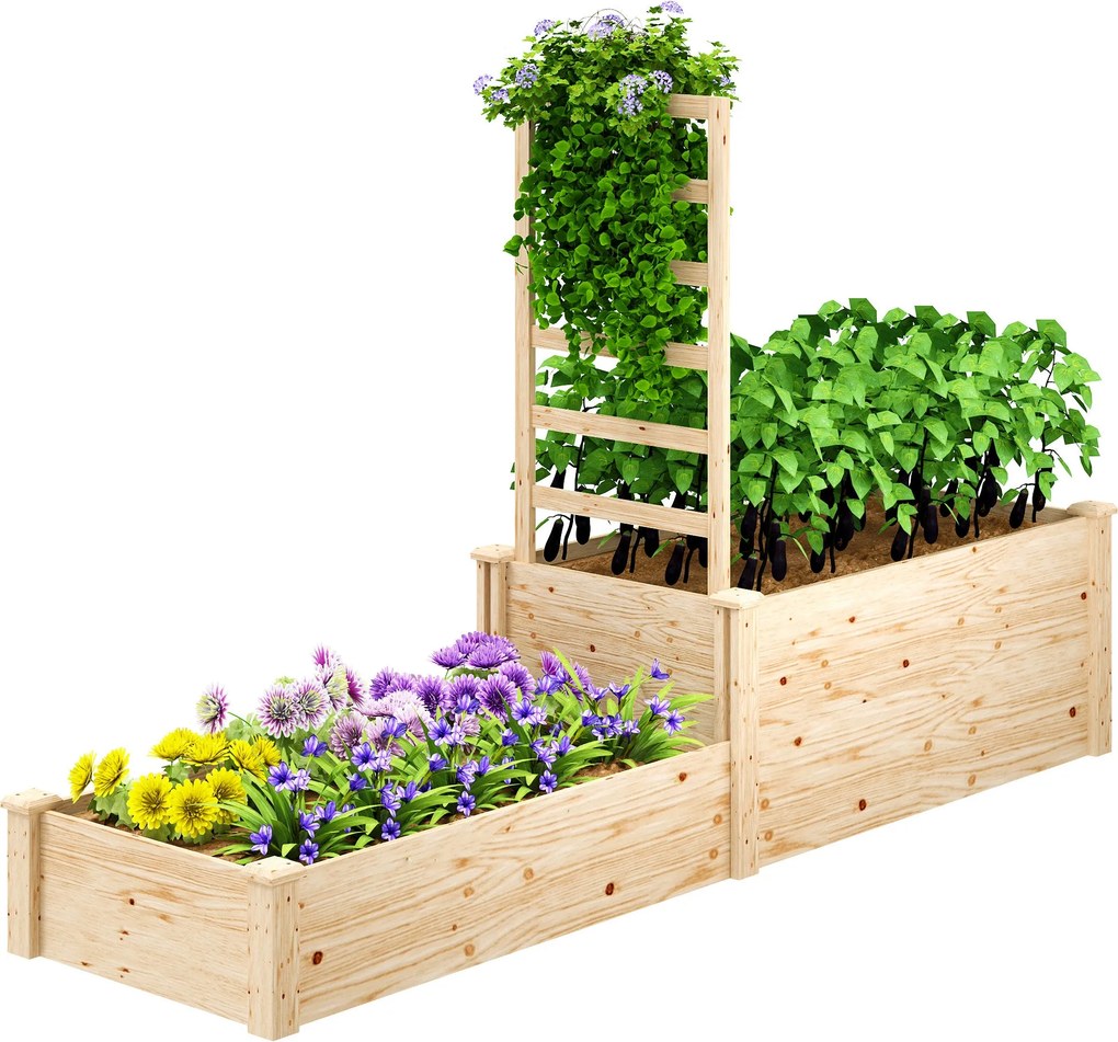 Outsunny Velký venkovní dřevěný květináč s mřížkou pro popínavé rostliny a 2 květinové boxy pro zahradu, terasu 222x63x132 cm Přírodní dřevo