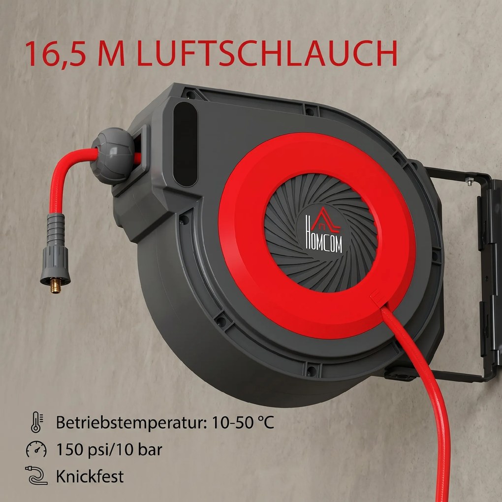 Hadicový naviják s výsuvným mechanismem, 16,5 m hadice, nástěnný, červený+černý