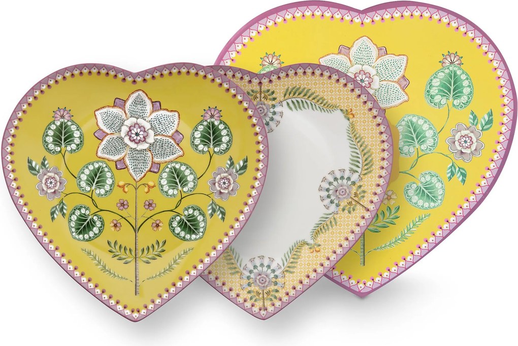Pip Studio Lily &amp; Lotus sada 2 talířků ve tvaru srdce, žlutá (dárková sada stylových talířků ve tvaru srdce )
