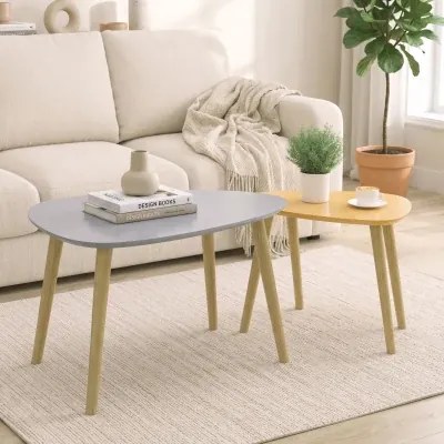 HOMCOM sada 2 odkládacích stolků ve skandinávském designu s dřevěnými nohami a dřevěnou deskou, šedá a žlutá