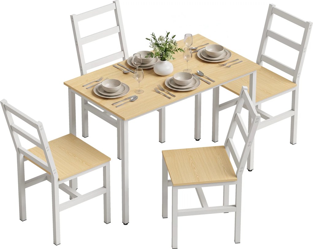 HOMCOM jídelní set se 4 židlemi, obdélníkový stůl 108 cm, židle s latkovým opěradlem, dub a bílá