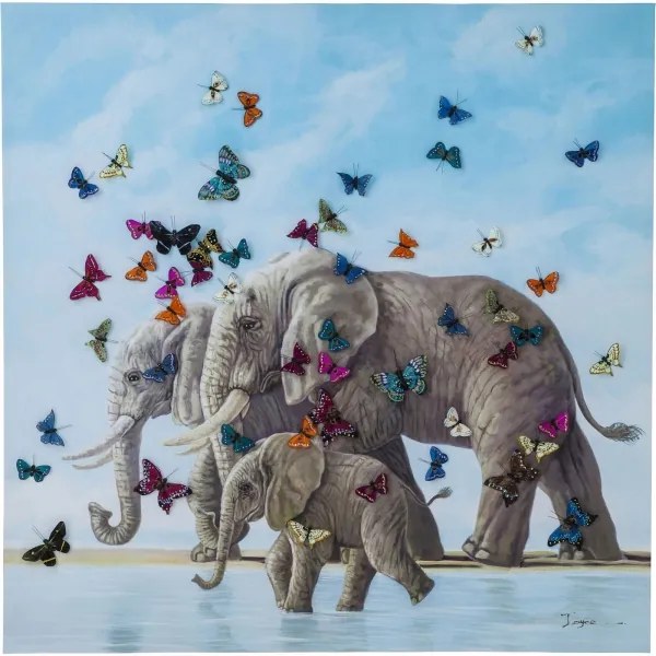 Obraz s ručními tahy Elefants with Butterflys 120x120cm