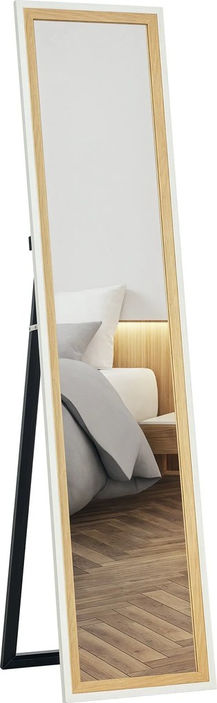 HOMCOM Zrcadlo v plné délce 157x37 cm - Podlahové nebo nástěnné zrcadlo s MDF rámem a stojanem pro ložnici a obývací pokoj v bílé a tmavě přírodní bar